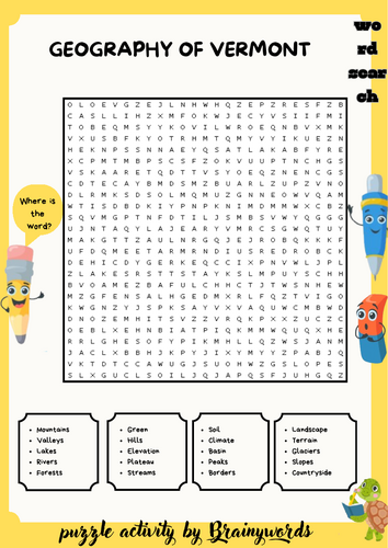 Vermont Geography Word Search Puzzle + Answer Key | Teaching Resources