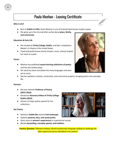 Paula Meehan - Poetry Notes for Leaving Certificate | Teaching Resources