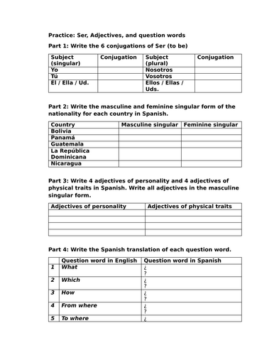 Practice: Ser, Adjectives, and question words | Teaching Resources