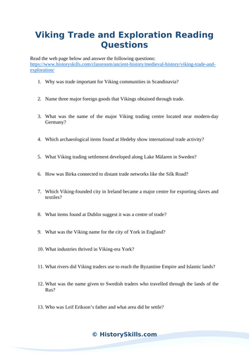 Viking Trade and Exploration Reading Comprehension Questions Worksheet ...