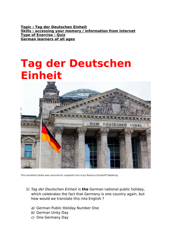 German, Tag der Deutschen Einheit (Germany Unity day), Quiz, for all ...