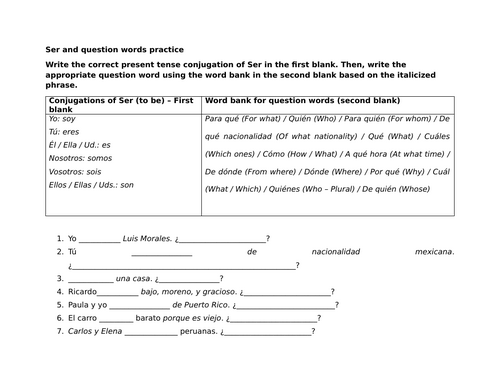 Ser and question words practice | Teaching Resources