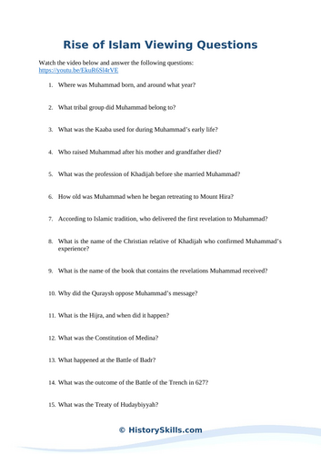 Muhammad and the Origins of Islam Video Viewing Questions Worksheet ...