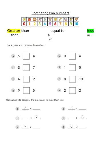 Year 1: Greater than, less than and equal to Worksheets (3x ...