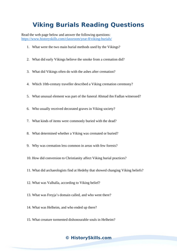 Viking Burials Reading Comprehension Questions Worksheet | Teaching ...