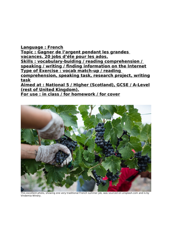 French, Lesson, Gagner de l’argent pendant les grandes vacances. 20 ...