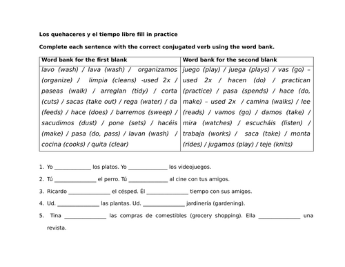 Los quehaceres y el tiempo libre fill in practice | Teaching Resources
