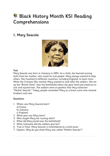 Black History Month Reading Comprehensions – KS1 & KS2 Differentiated ...