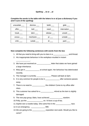 KS3 English spelling: le/al endings | Teaching Resources