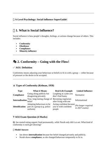 A-Level Psychology: Social Influence Revision Guide | Teaching Resources