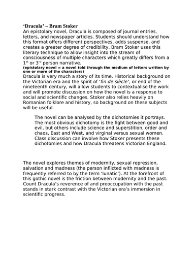 A LEVEL ENGLISH LITERATURE revision notes "Dracula" BRAM STOKER ...