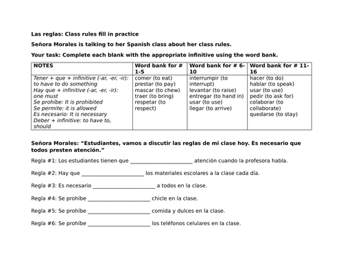 Las reglas: Class rules fill in practice (Spanish) | Teaching Resources