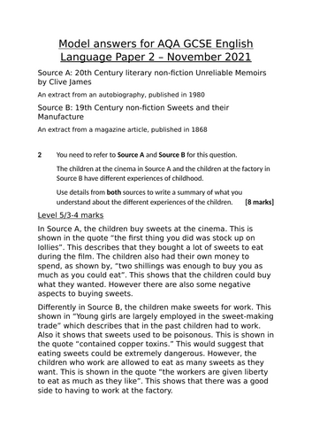 AQA GCSE English Language Paper 2 model answers (November 2021 ...