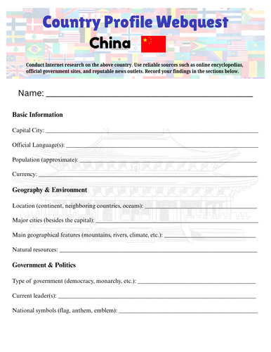 Country Profiles: China Webquest Worksheet | Teaching Resources