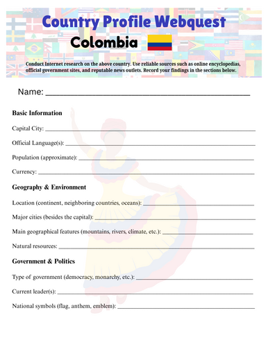 Country Profiles: Colombia Webquest Worksheet | Teaching Resources