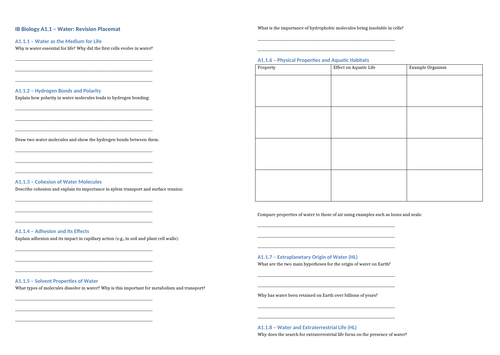IB Biology 2025 Spec Revision Placemats Whole course | Teaching Resources