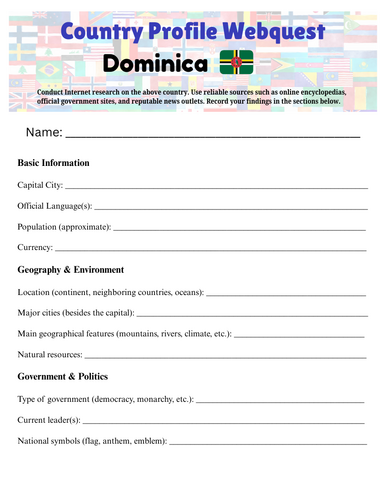 Country Profiles: Dominica Webquest Worksheet | Teaching Resources