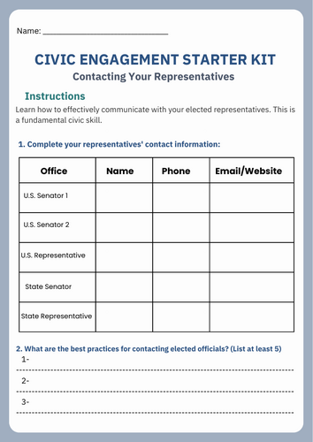 Contacting Your Representatives - Civic Engagement Worksheet | Social ...