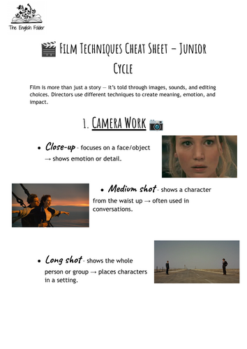 Film Techniques Cheat Sheet | Teaching Resources