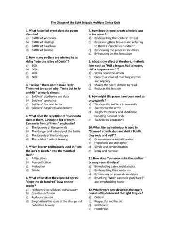 Charge Of The Light Brigade by Lord Alfred Tennyson Multiple Choice ...