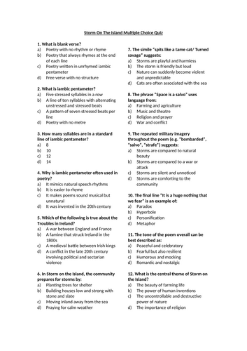 Storm on the Island by Seamus Heaney Multiple Choice Quiz | Teaching ...