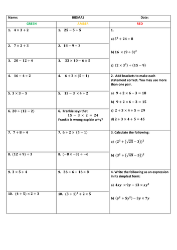 Bidmas Differentiated Worksheet With answers | Teaching Resources