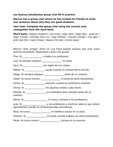Los buenos estudiantes group chat fill in practice | Teaching Resources