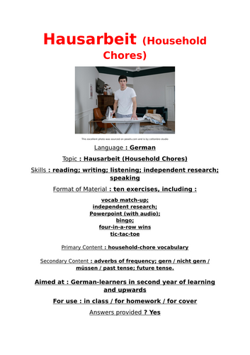 German, Hausarbeit (Household Chores)-unit of work, 10 tasks (main ...