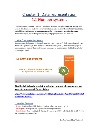 IGCSE Computer Science 0478 Data representation: 1.1 Number systems | Teaching Resources