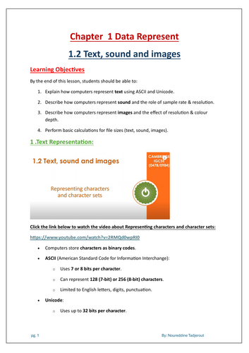 IGCSE Computer Science 0478 Data representation: 1.2 Text, sound and images | Teaching Resources