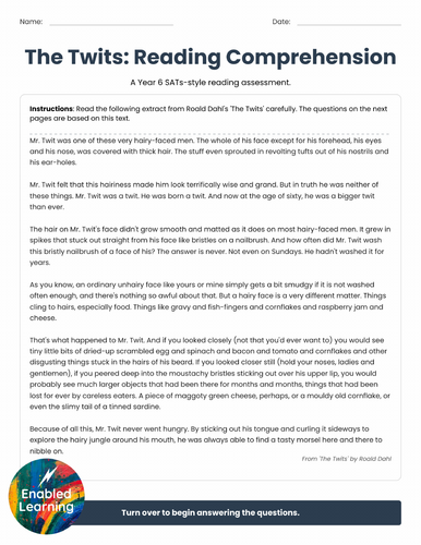 Year 6 SATS Style Comprehension - Roald Dahls' 'The Twits' | Teaching ...