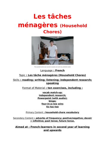 French unit-of-work, Les tâches ménagères,Household Chores, 10 tasks ...