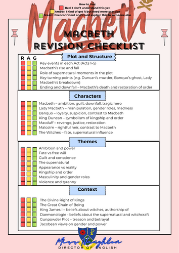 AQA Macbeth – Personalised RAG-rated Revision Checklist | Teaching ...