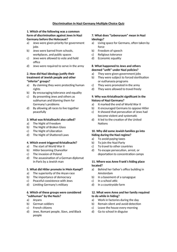 Discrimination In Nazi Germany Multiple Choice Quiz | Teaching Resources