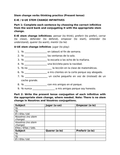 Stem change verbs thinking practice (Present tense) | Teaching Resources