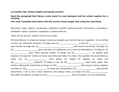 La mochila roja: School supplies paragraph practice | Teaching Resources