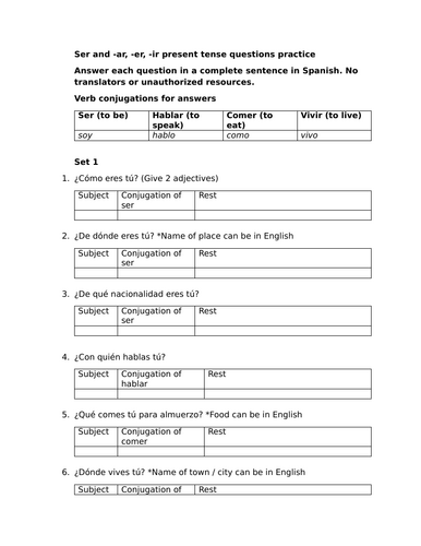 Ser and -ar, -er, -ir present tense questions practice | Teaching Resources