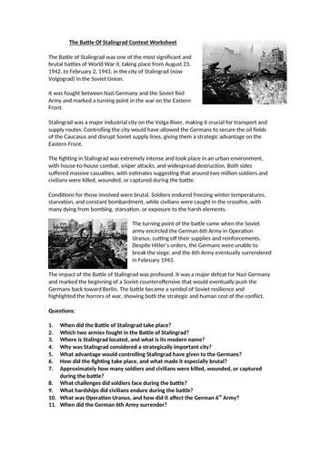 World War 2 - The Battle Of Stalingrad Context Worksheet | Teaching ...