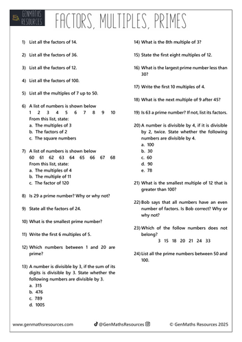 Factors Multiples Primes - Maths GCSE Foundation Worksheet | Teaching ...