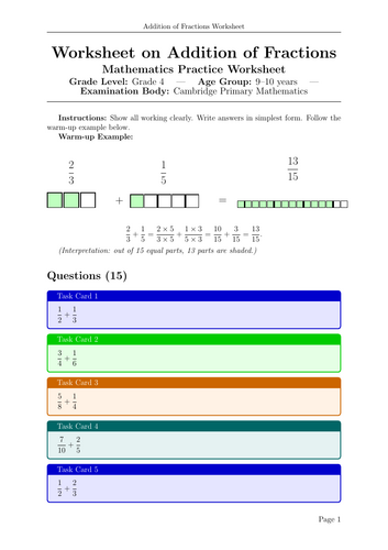 Worksheet on Addition of Fractions Mathematics Practice Worksheet Grade ...