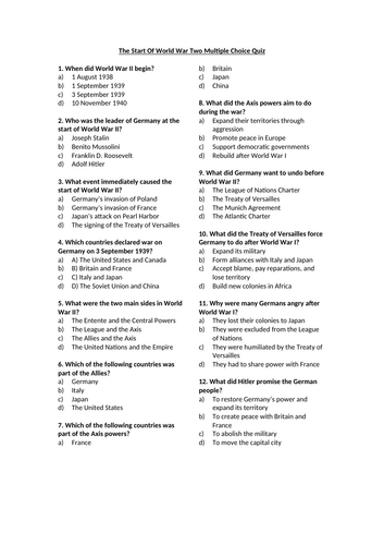 The Start Of World War Two Multiple Choice Quiz | Teaching Resources