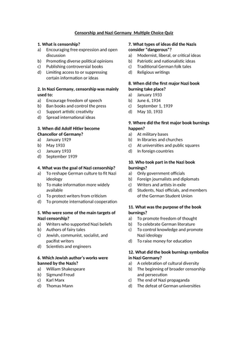 World War 2 - Censorship and Book Burnings Multiple Choice Quiz ...