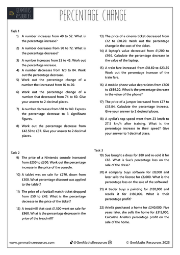 Percentage Change - Maths GCSE Foundation Worksheet | Teaching Resources