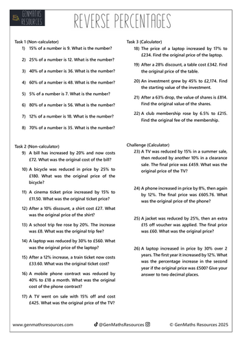Reverse Percentages - Maths GCSE Foundation Worksheet | Teaching Resources