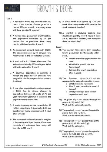 Exponential Growth and Decay - Maths Foundation GCSE Worksheet ...