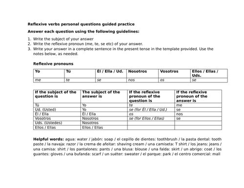 Reflexive verbs personal questions guided practice | Teaching Resources