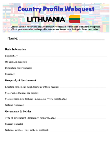 Country Profiles: Lithuania Webquest Worksheet | Teaching Resources
