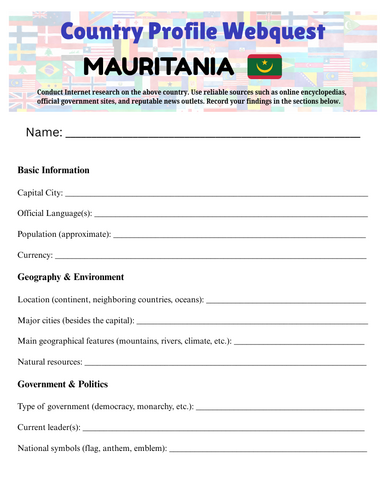Country Profiles: Mauritania Webquest Worksheet | Teaching Resources