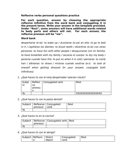 Reflexive verbs personal questions practice | Teaching Resources