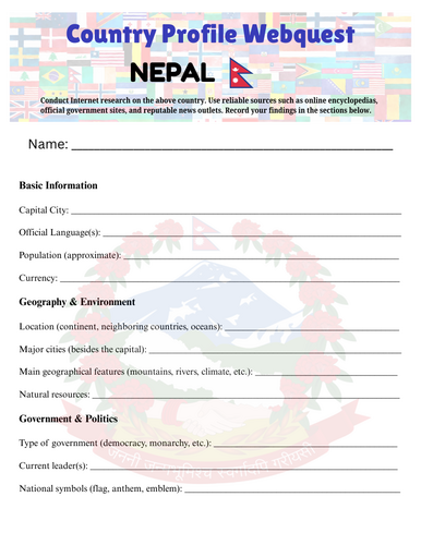 Country Profiles: Nepal Webquest Worksheet | Teaching Resources
